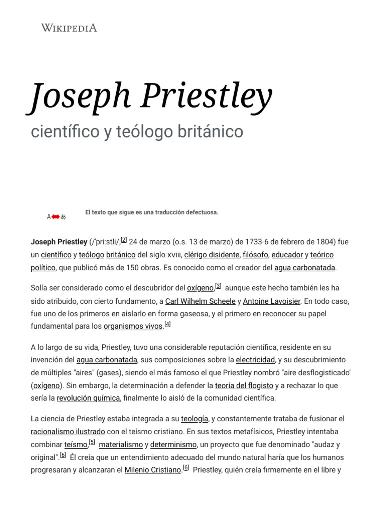 Biografía de Joseph Priestley | PDF | Ciencias sociales | Religión y ...