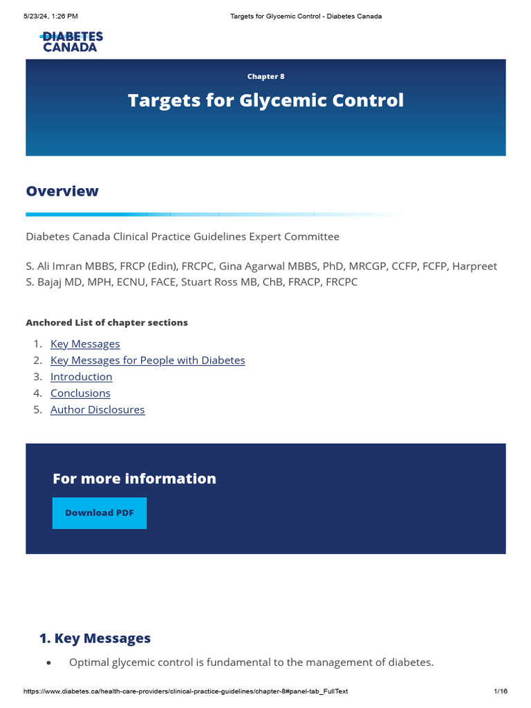 Targets For Glycemic Control - Diabetes Canada 1 | PDF | Glycated ...