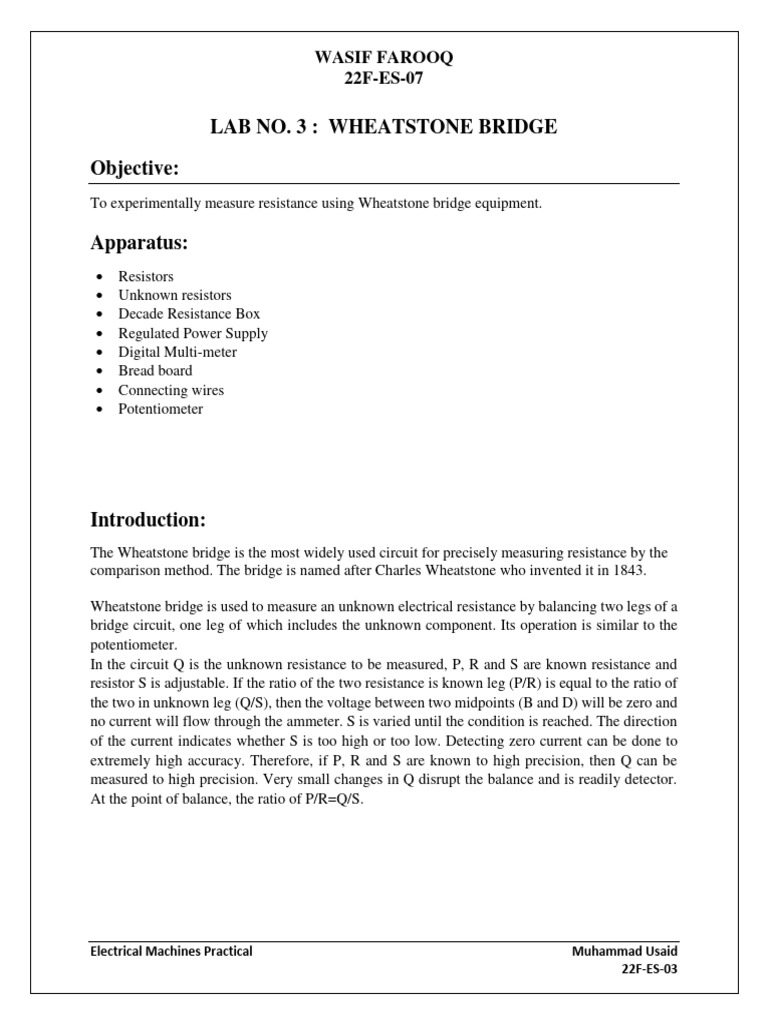 Lab 03 Wheatstone Bridge Wasif | PDF | Electrical Resistance And ...
