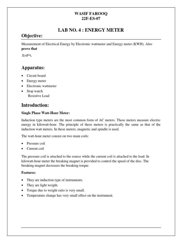 Lab 04 Energy Meter WASIF | PDF | Voltage | Quantity