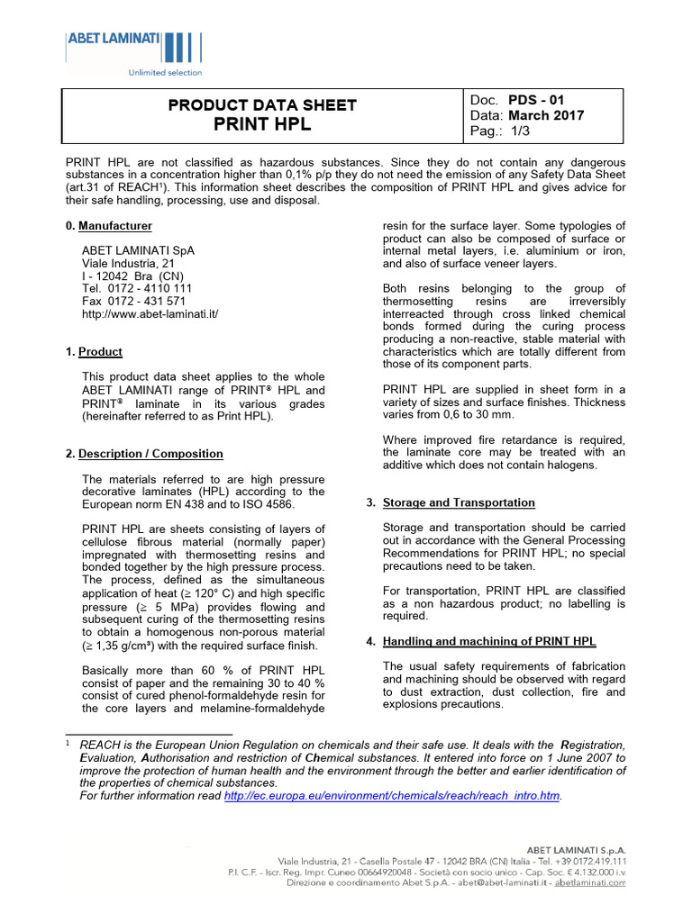 Product Data Sheet - Print HPL - ING | PDF | Lamination | Combustion