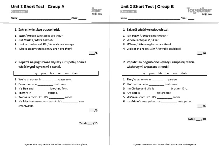 Together kl4 U3 Short Test Grammar 1 AB | PDF | Language Arts & Discipline