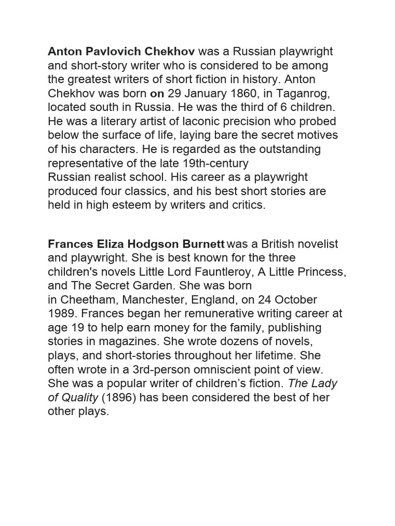 Eng Project | PDF | A Little Princess | Anton Chekhov