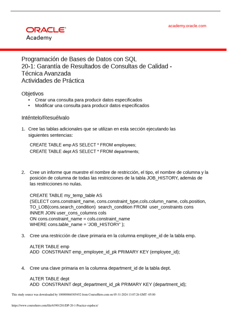 DP 20 1 Practice Esp | PDF | SQL | Gestión de datos