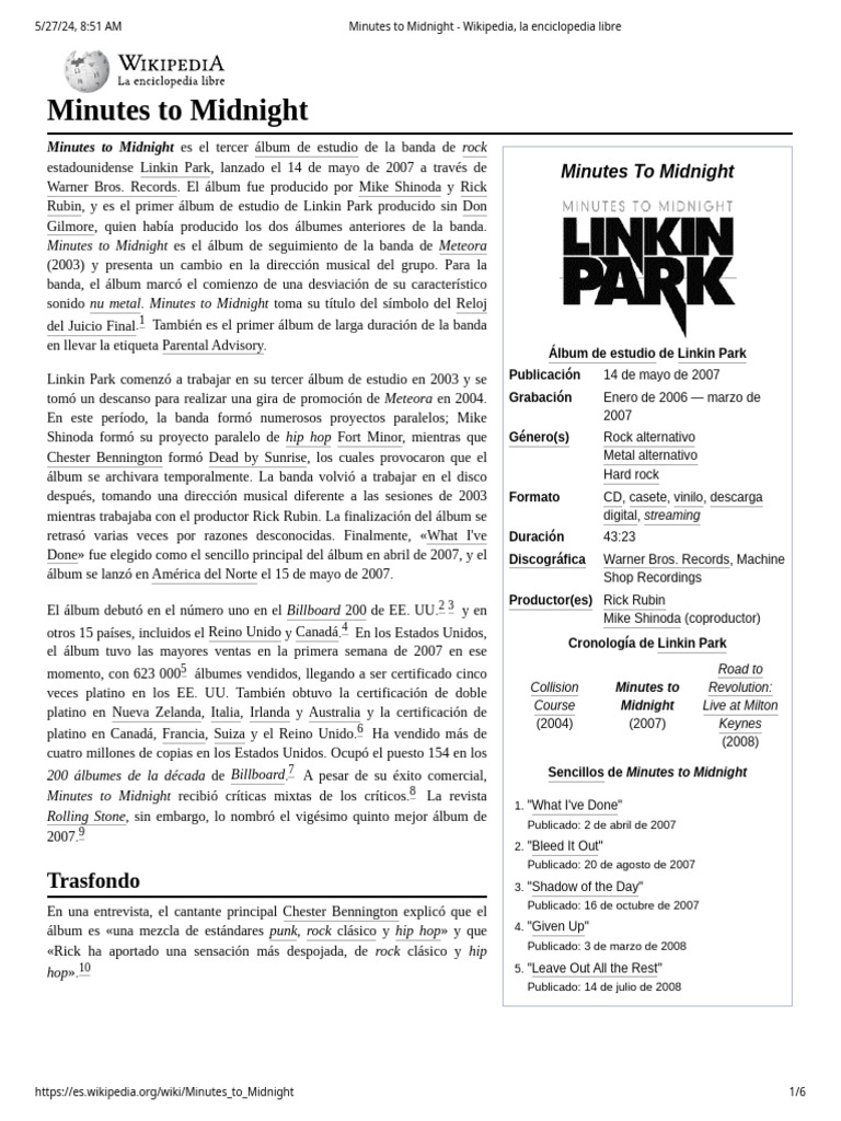 Minutes To Midnight - Wikipedia, La Enciclopedia Libre | PDF ...