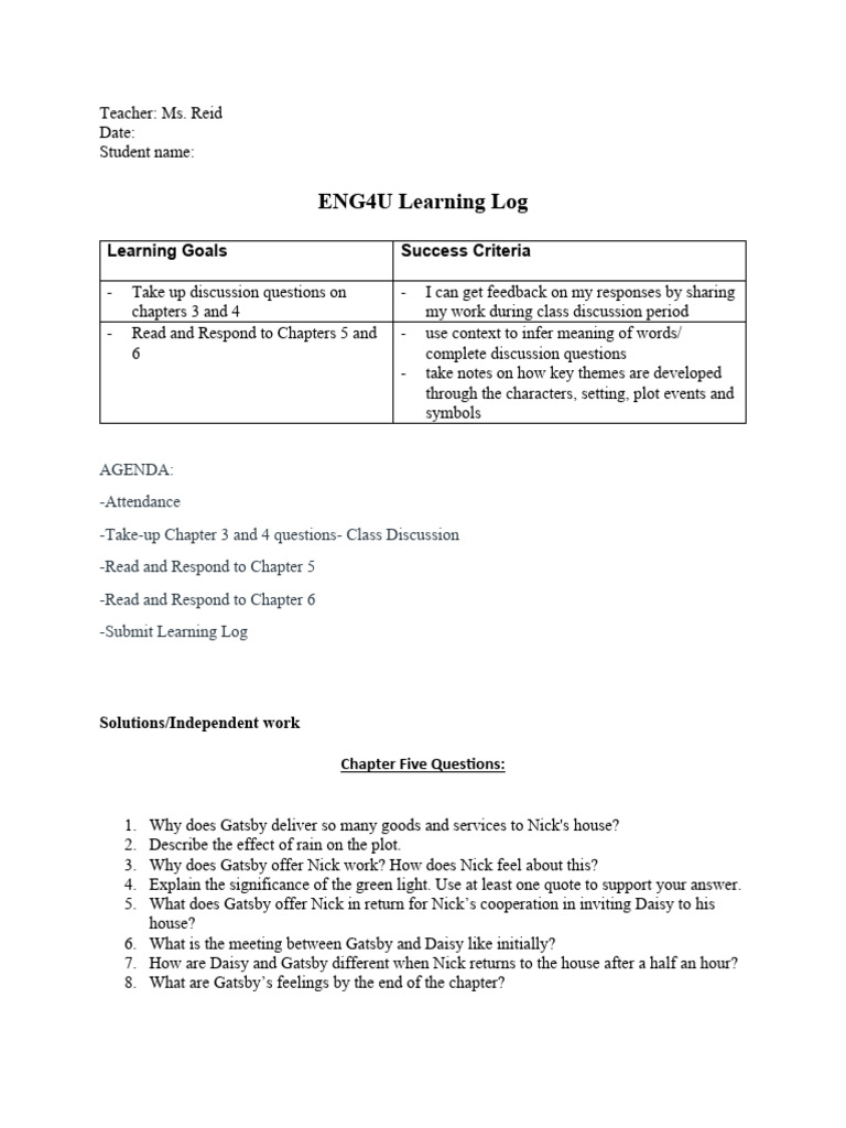 ENG4U Learning Log: Learning Goals Success Criteria | PDF | The Great ...
