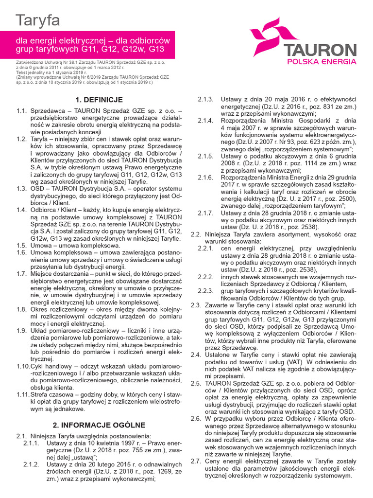 GZE KI Taryfa Sprzedazowa Energii Elektrycznej | PDF