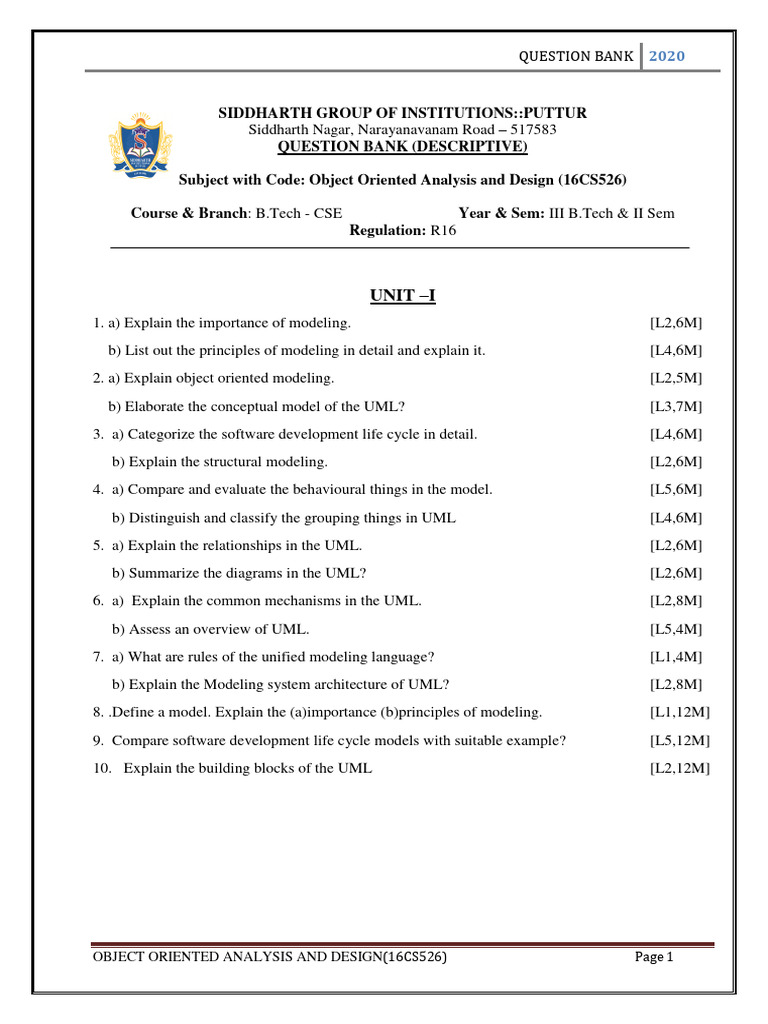 16CS526-Object Oriented Analysis and Design | PDF | Class (Computer Programming) | Unified ...