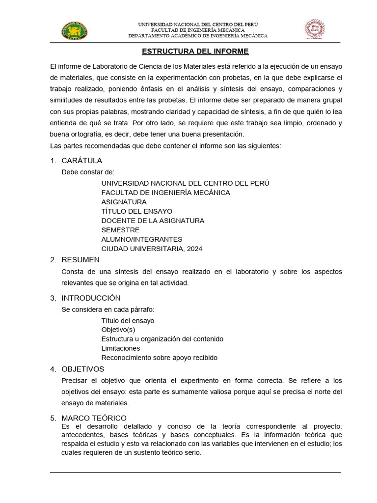 ESQUEMA DEL INFORME - Laboratorio de Ciencia de Los Materiales 2024 | Descargar gratis PDF ...