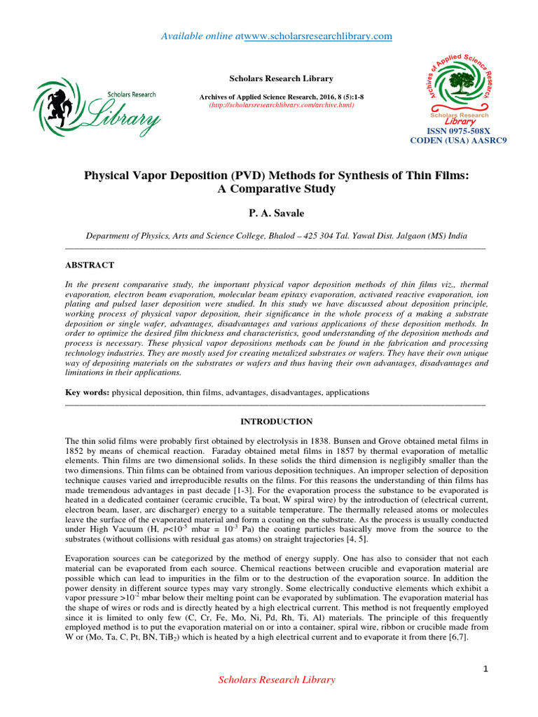 Physical Vapor Deposition (PVD) Methods For Synthesis of Thin Films: A Comparative Study ...