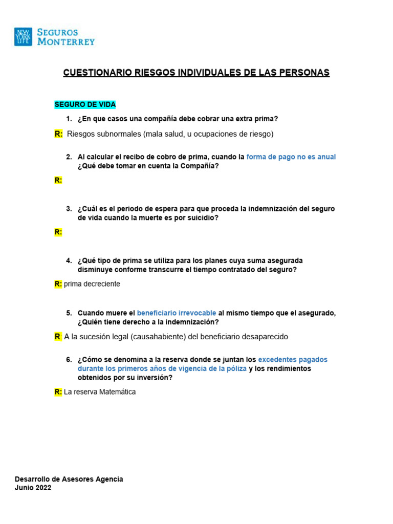 2. Cuestionario Riesgos Individuales de Seguros de personas (ARI) | PDF | Seguro | Seguro de vida