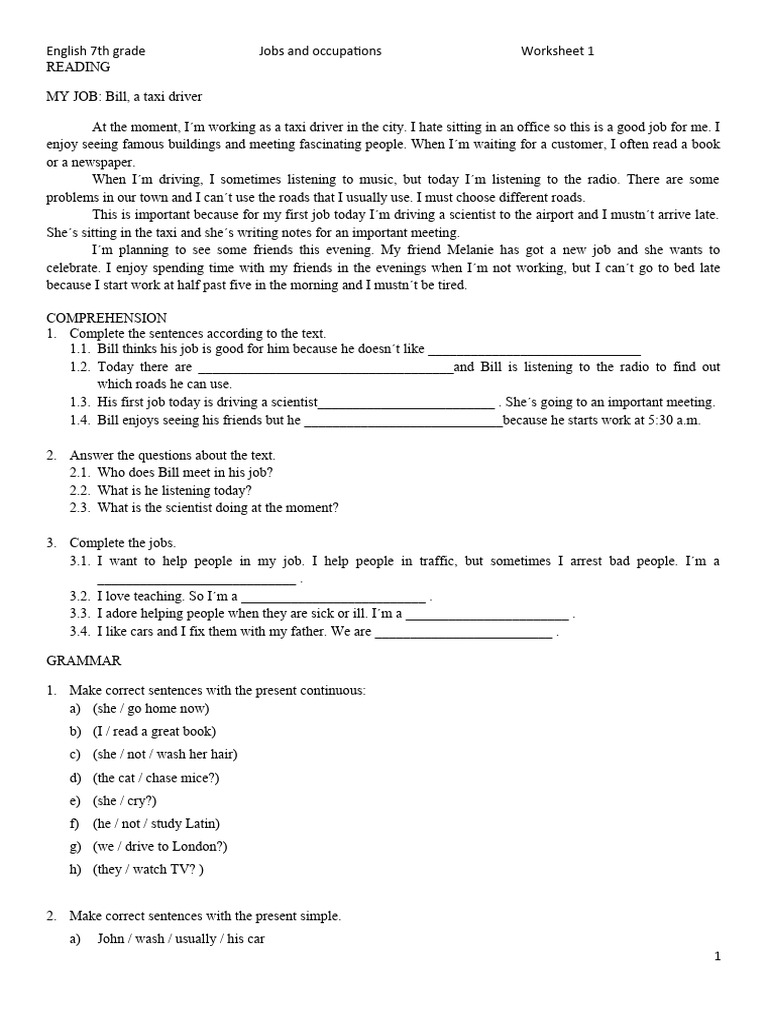 Jobs and Occupations - Worksheet 1 | PDF