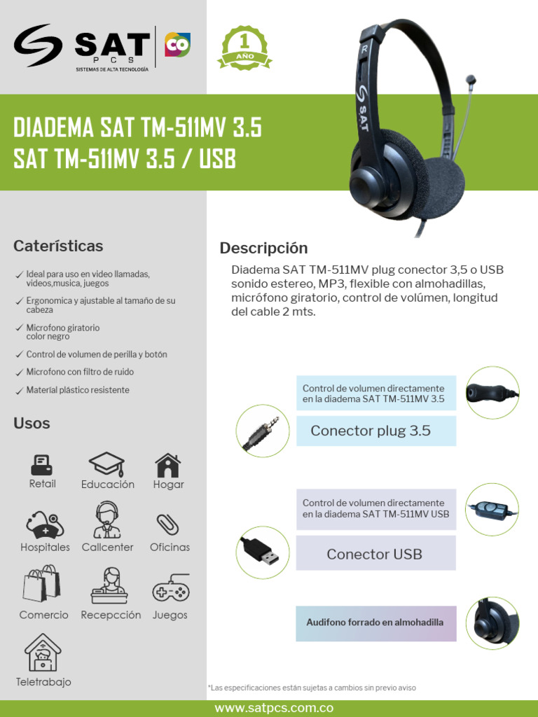 Diadema SAT TM-511MV: Control y Conectividad | PDF | Micrófono | USB