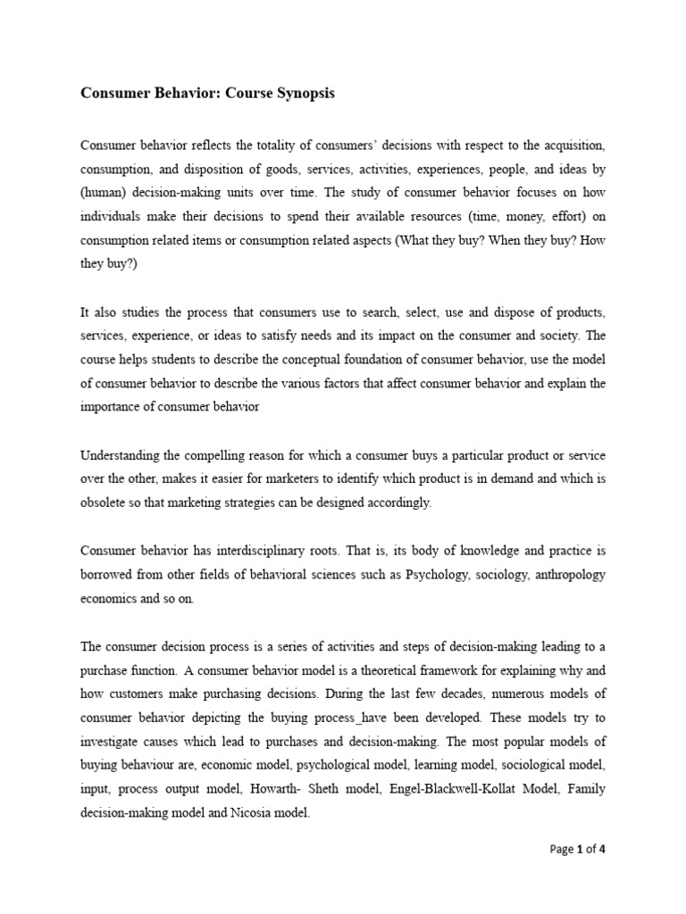 Consumer Behaviour Synopsis | PDF | Consumer Behaviour | Behavior