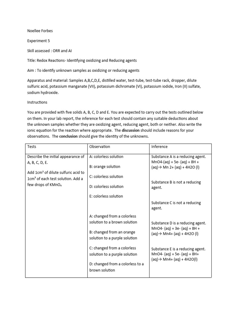 Redox LAB Id Oxidising and Reducing Agents | PDF | Redox | Oxidizing Agent