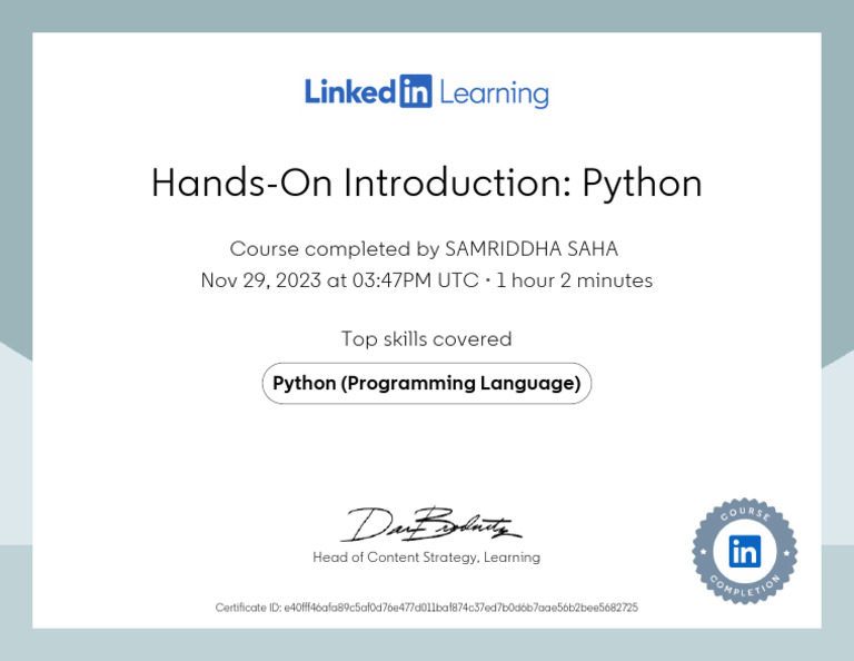 CertificateOfCompletion_HandsOn Introduction Python | PDF CertificateOfCompletion_HandsOn Introduction Python | PDF