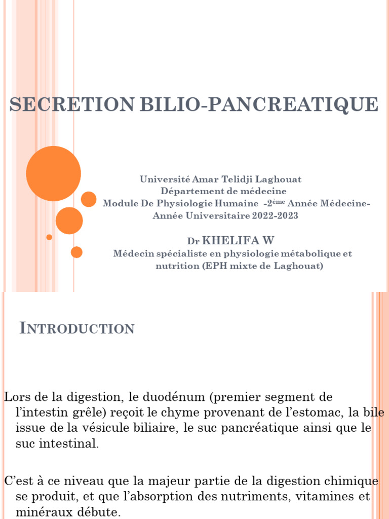 Sécrétion bilio-pancréatique en digestion | PDF | Bile | Pancréas
