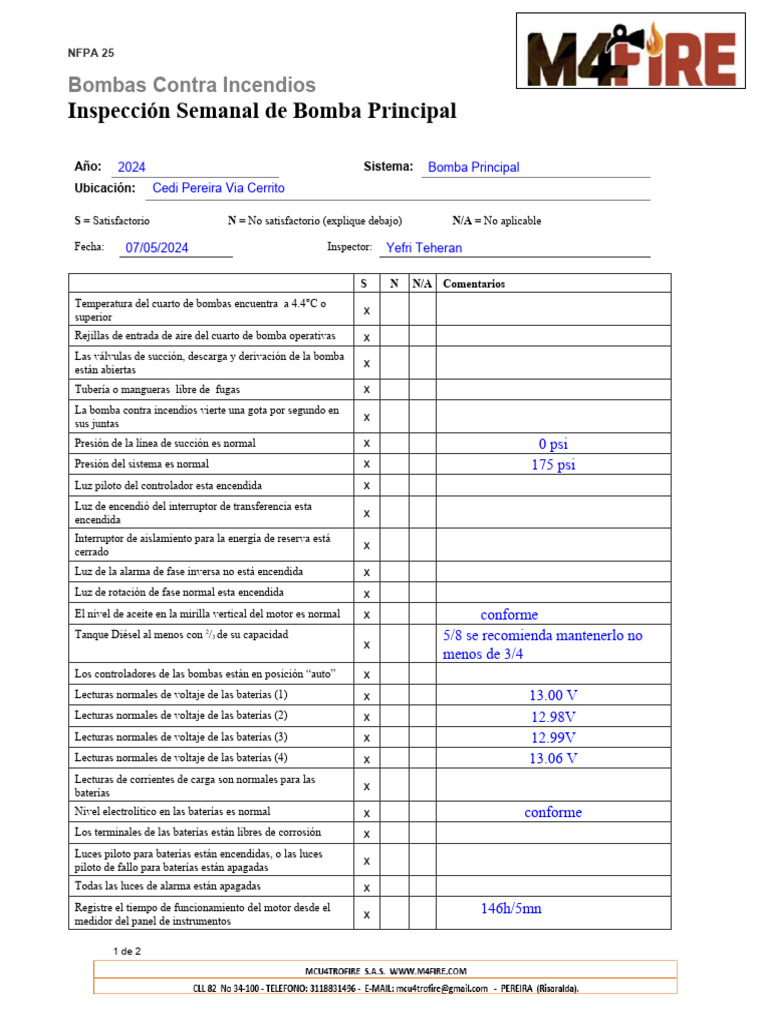 Inspección Semanal de Bomba Principal (1) | Descargar gratis PDF ...