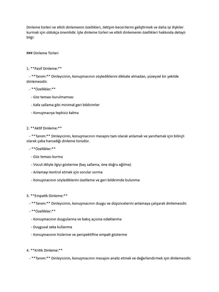Dinleme türleri ve etkili dinlemenin özellikleri | PDF