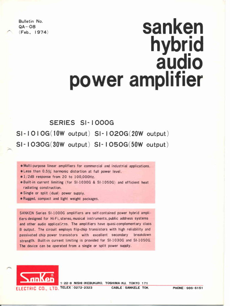 Sanken_SI-1000G-Series_Hybrid_Audio_Amp | Download Free PDF | Electromagnetism | Electricity