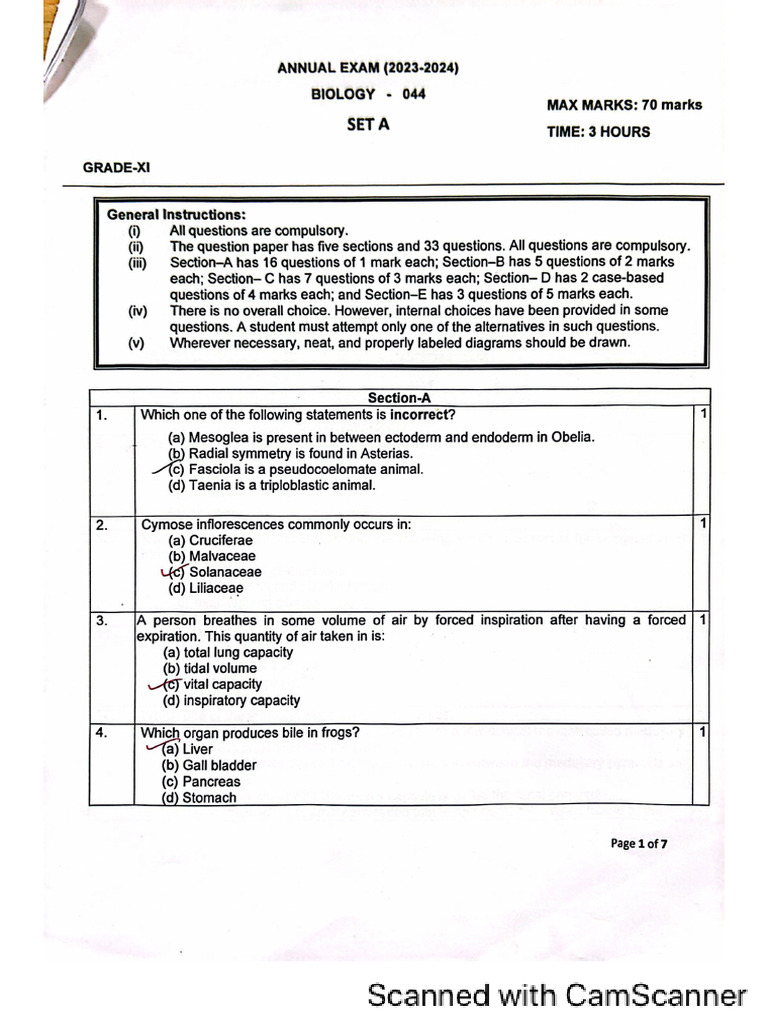 Biology Grade 12 Sample Paper | PDF