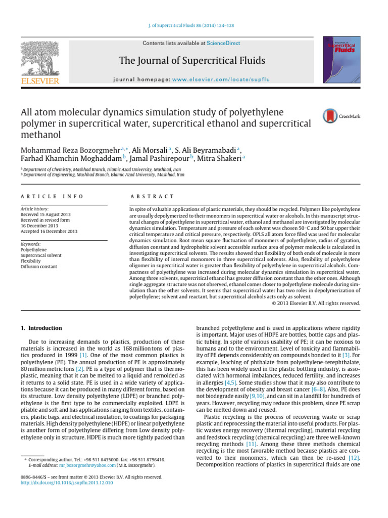 All Atom Molecular Dynamics Simulation Study of Polyethylene Polymer in Supercritical Water ...