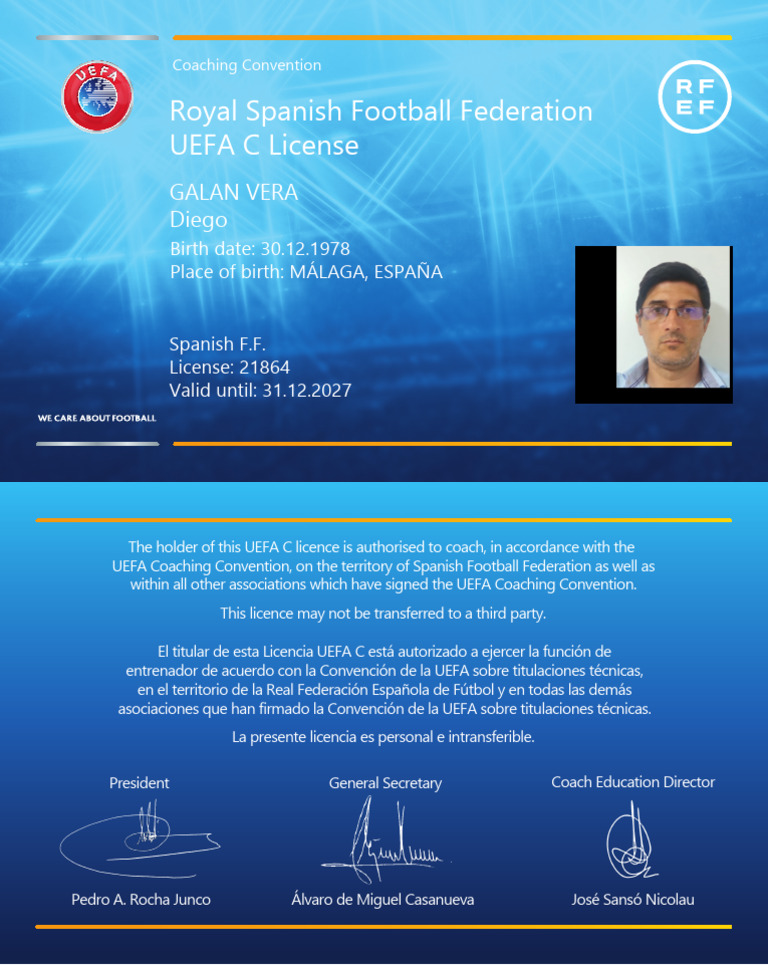 Royal Spanish Football Federation UEFA C License: Galan Vera Diego | PDF