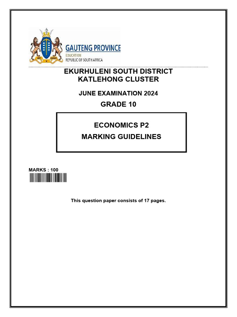 Grade 10 Economics P2 Marking Guidelines June Examination 2024 | PDF ...