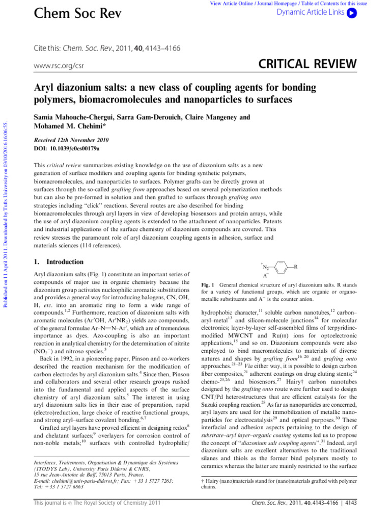 Aryl Diazonium Salts A New Class of Coupling Agents For Bonding Polymers, Biomacromolecules and ...