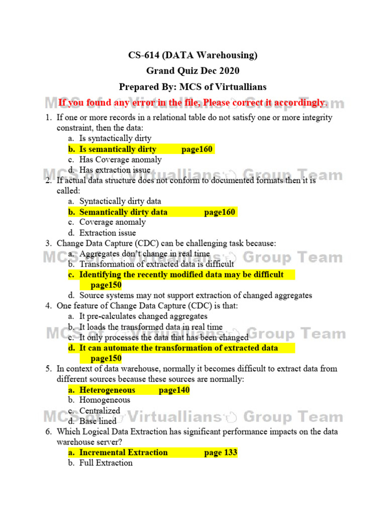 Cs614 Grand Quiz Merge | PDF | Data Warehouse | Databases