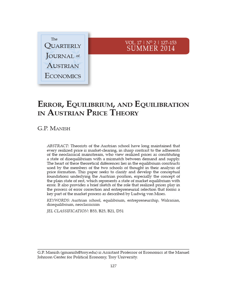 Error, Equilibrium, and Equilibration in Austrian Price Theory | PDF ...