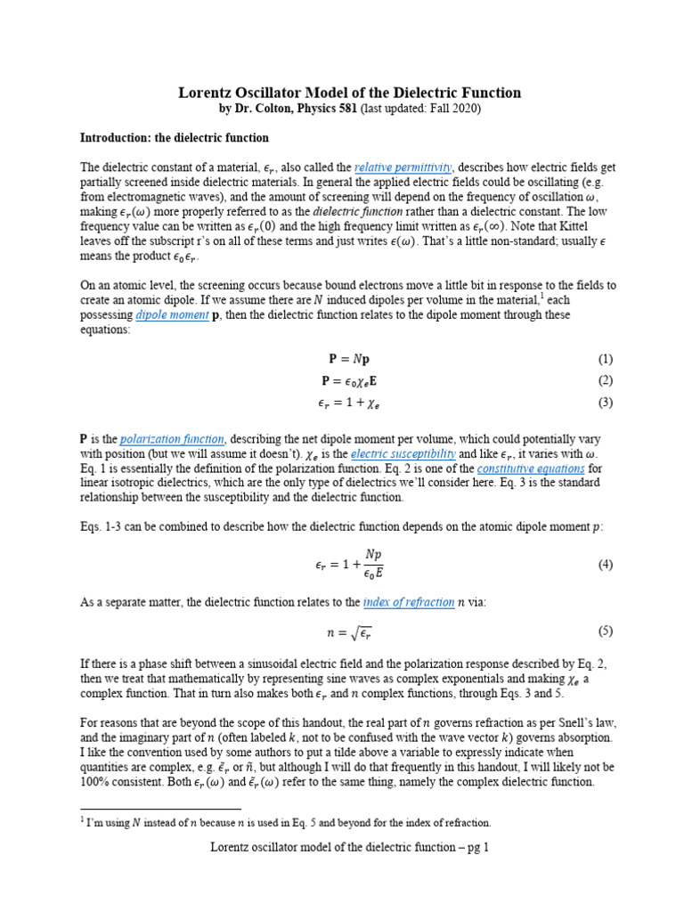 Lecture 39 Lorentz Oscillator Model of The Dielectric Function | PDF ...