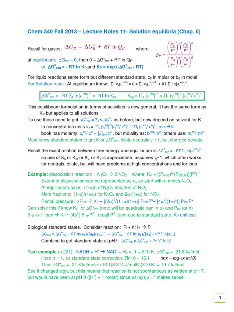 Chem 340 - Notes 11 | PDF | Chemical Equilibrium | Dissociation (Chemistry)