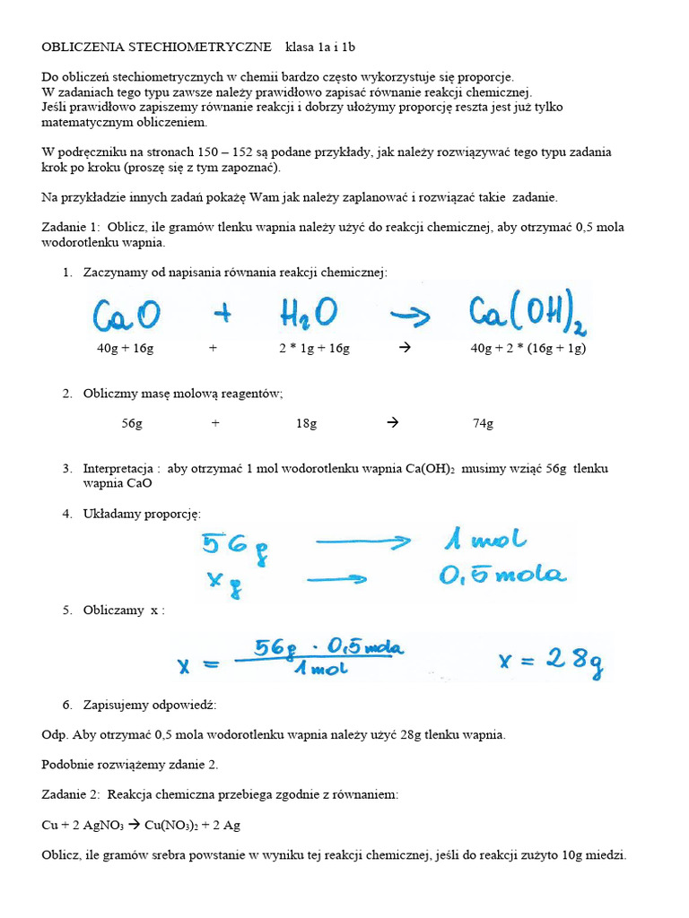 Obliczenia Stechiometryczne 1a1b | PDF