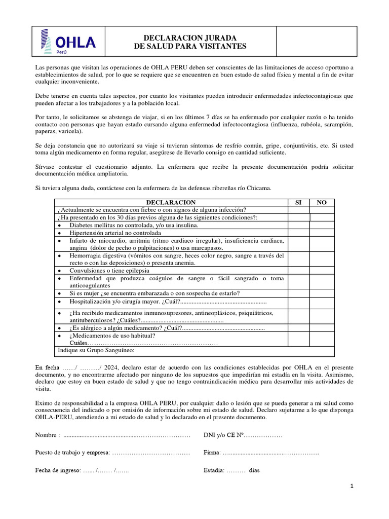 CO-PE-1P325-SS-PA-072 Declaración Jurada de Salud para Visitante 2024 | PDF | Influenza ...