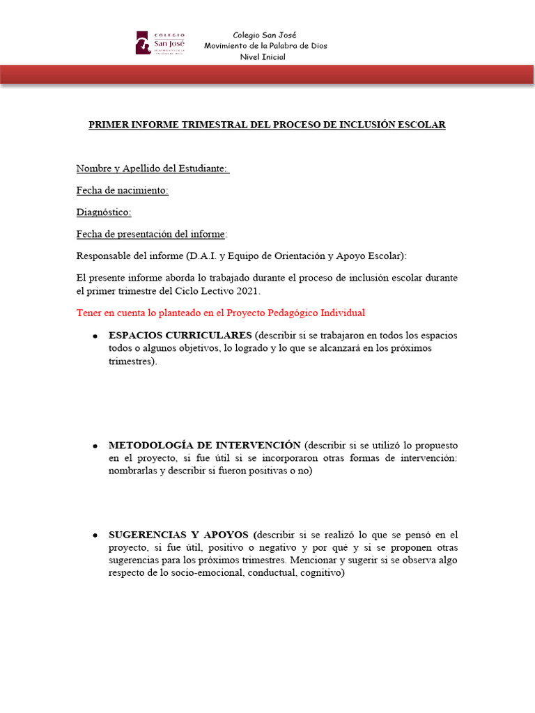 Modelo de Informe Trimestral Nivel Inicial | PDF