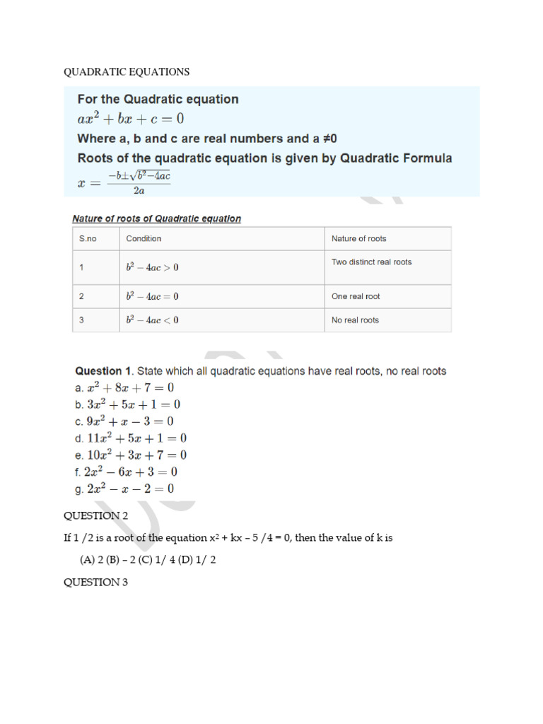 Revision - Quadratic Equations | PDF