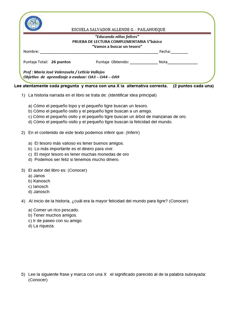 Prueba Lectura Vamos A Buscar Un Tesoro | PDF