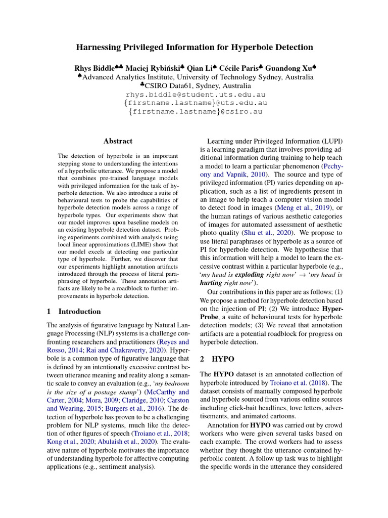 Harnessing Privileged Information For Hyperbole Detection | PDF | Information | Annotation