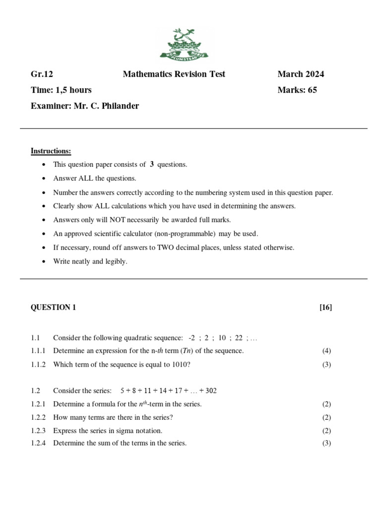 Gr.12 Revision Test - T1 - 2024 | PDF | Arithmetic | Mathematical Objects