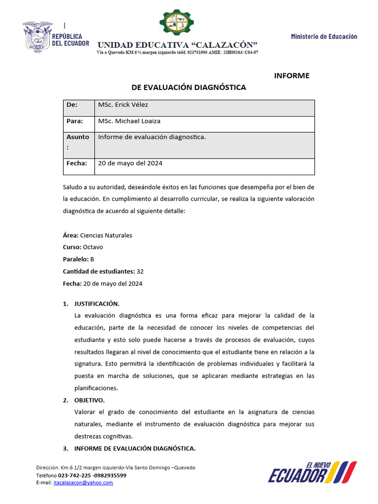 Informe de Evaluación Diagnostica 2024 | PDF | Evaluación | Cognición