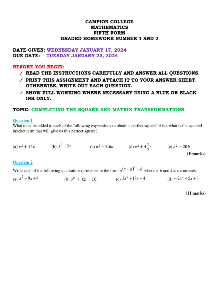Math Homework: Completing Squares | PDF | Teaching Methods & Materials