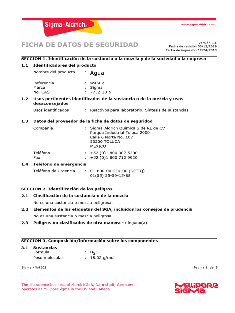 12 Agua para TOC 7732-18-5 (Sigma-Aldrich) | PDF | Higiene Ocupacional | Guante