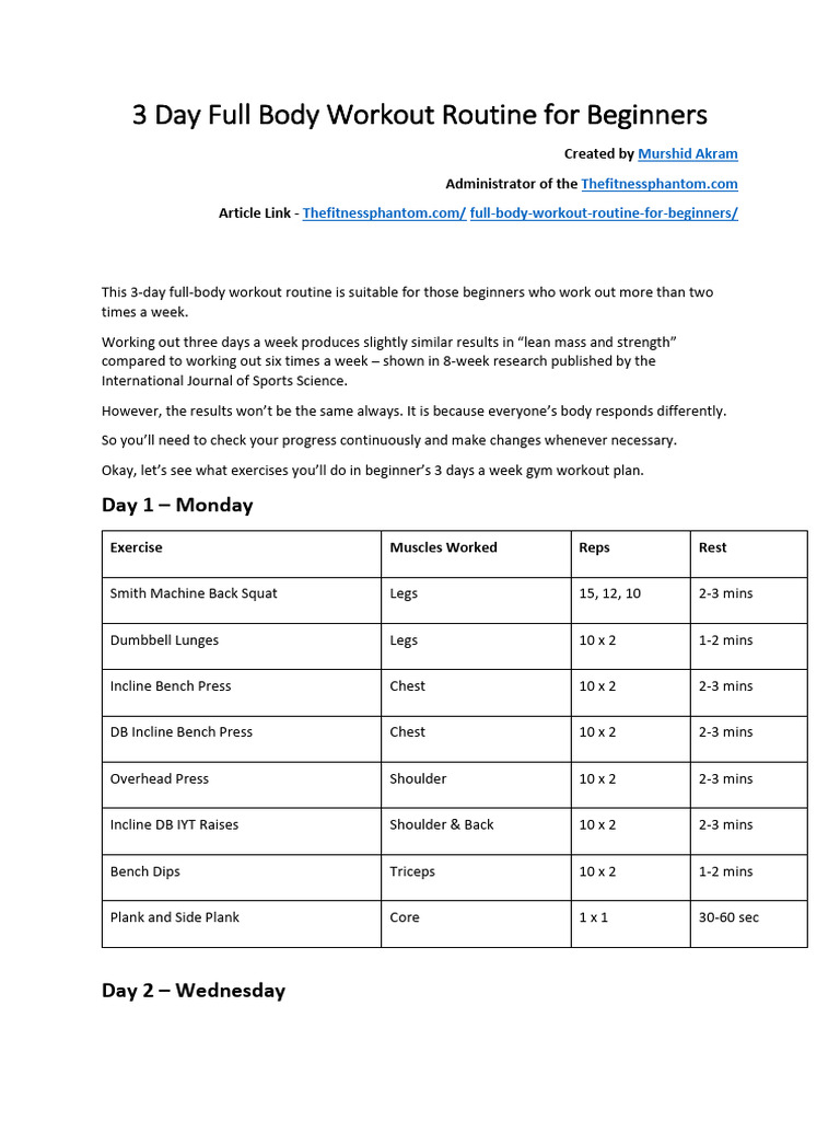 3 Day Full Body Workout Routine for Beginners | Download Free PDF | Strength Training ...