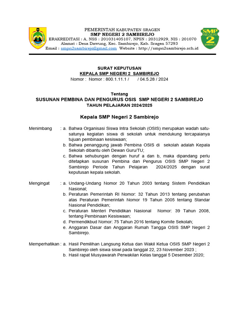 SK Pengurus Osis 2024 25 | PDF