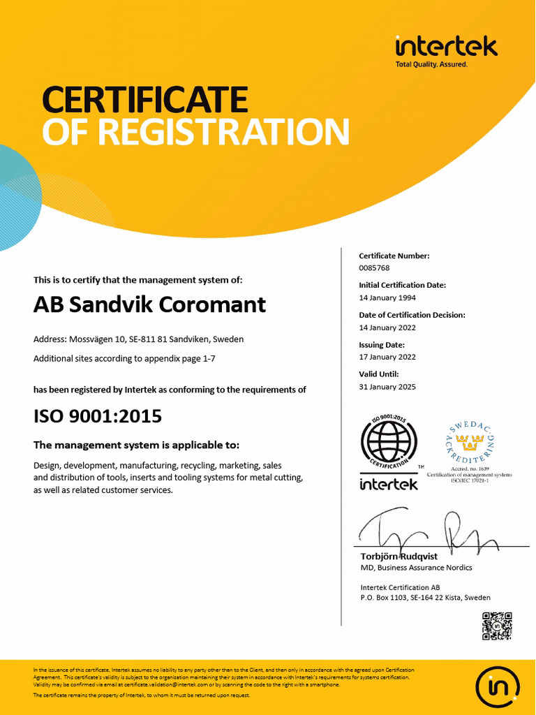 Sandvik Coromant ISO 9001 Certification | PDF | Business Economics ...
