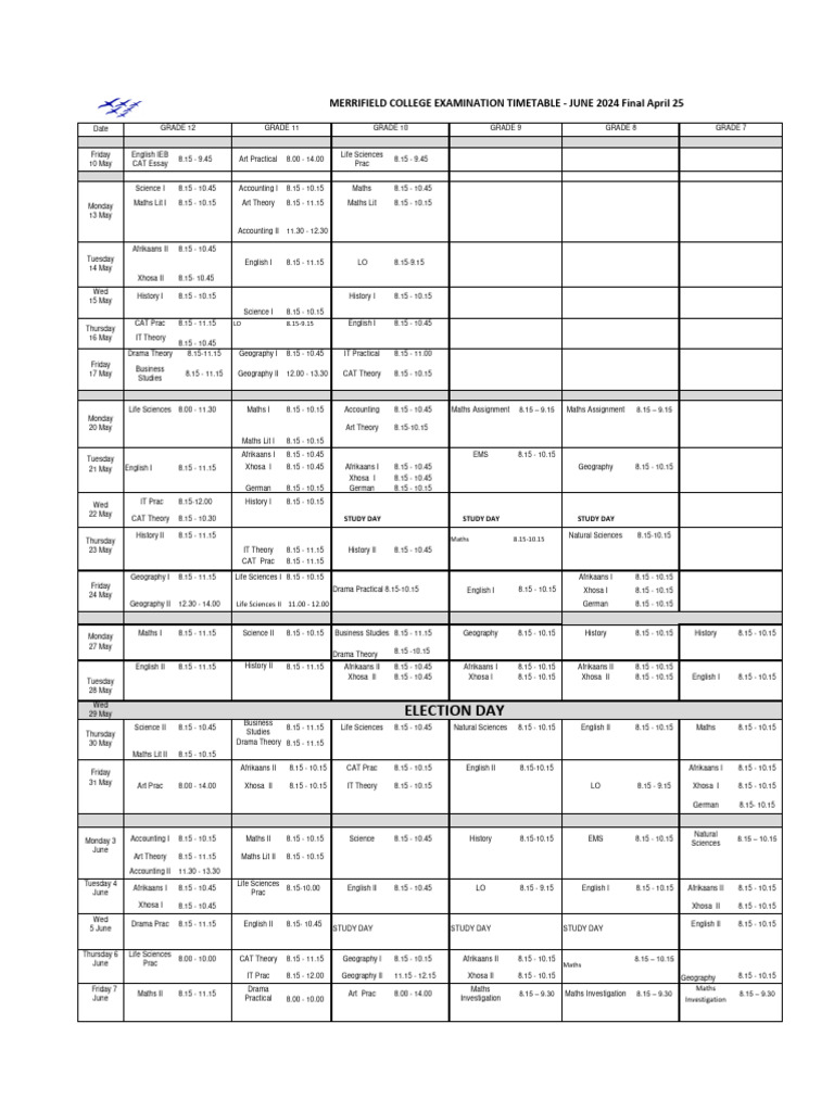 Grade 7-12 JUNE 2024 EXAM TIMETABLE | PDF | Science