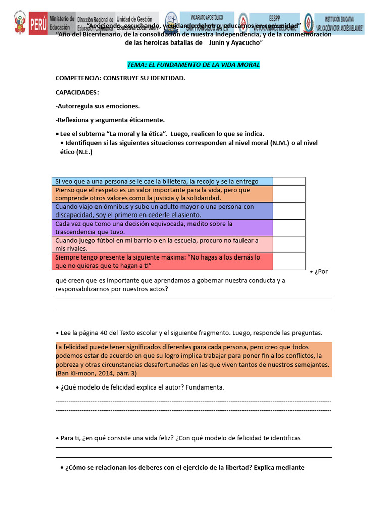 El Fundamento de La Vida Moral - Actividades | Descargar gratis PDF | Moralidad | Psicología Social