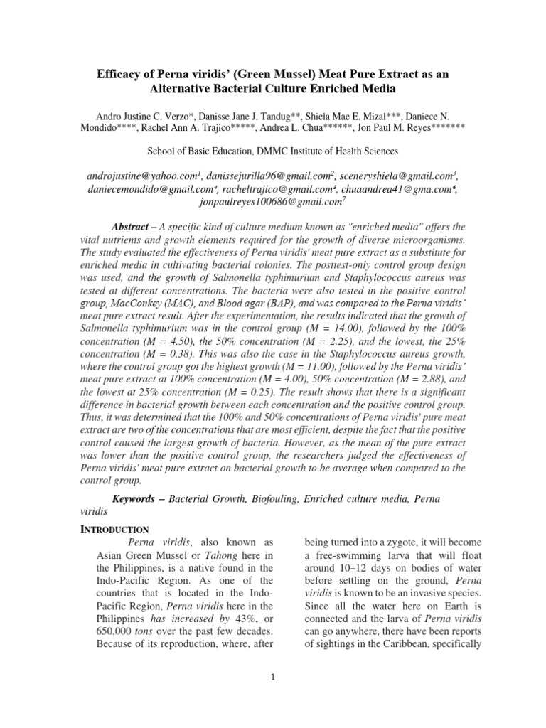 Efficacy of Perna Viridis' (Green Mussel) Meat Pure Extract | PDF ...