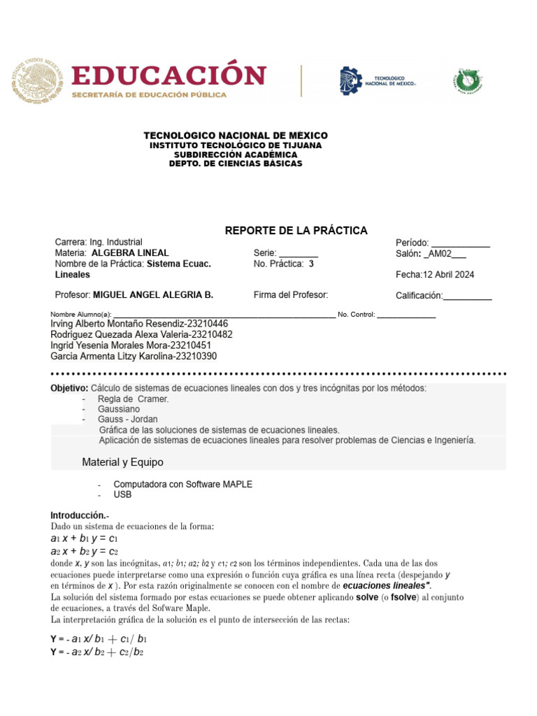 PRACTICA 3 Sist Ecuac Lin | PDF | Ecuaciones | Matriz (Matemáticas)